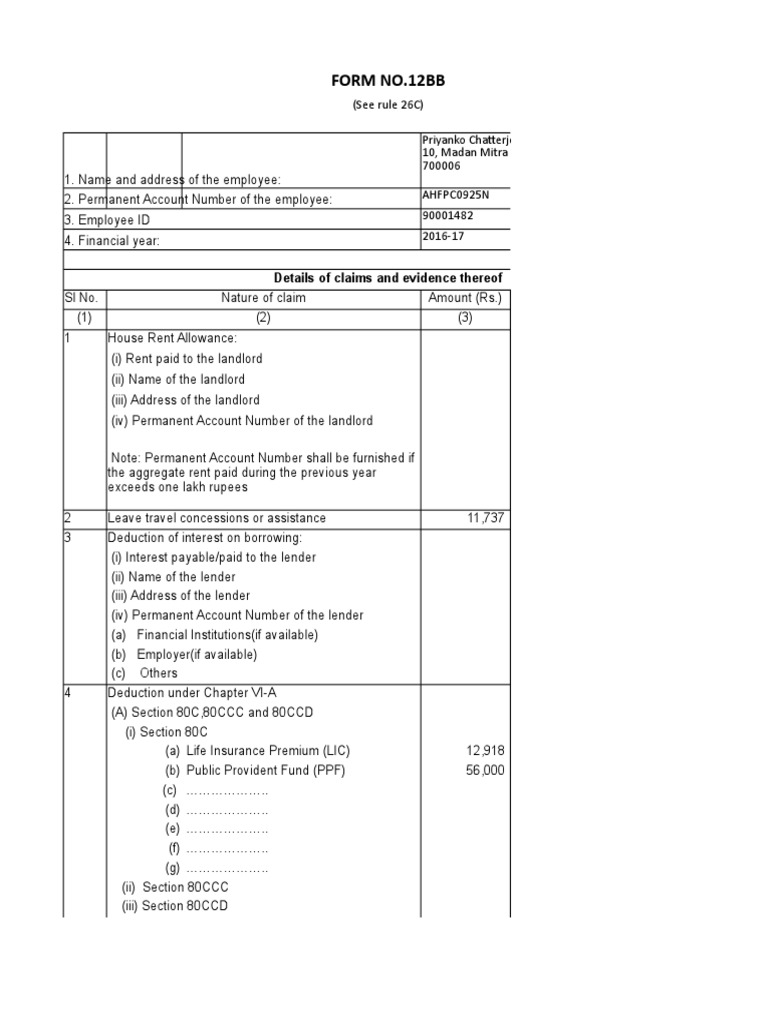 Form 12BB in Excel Format | PDF | Loans | Interest