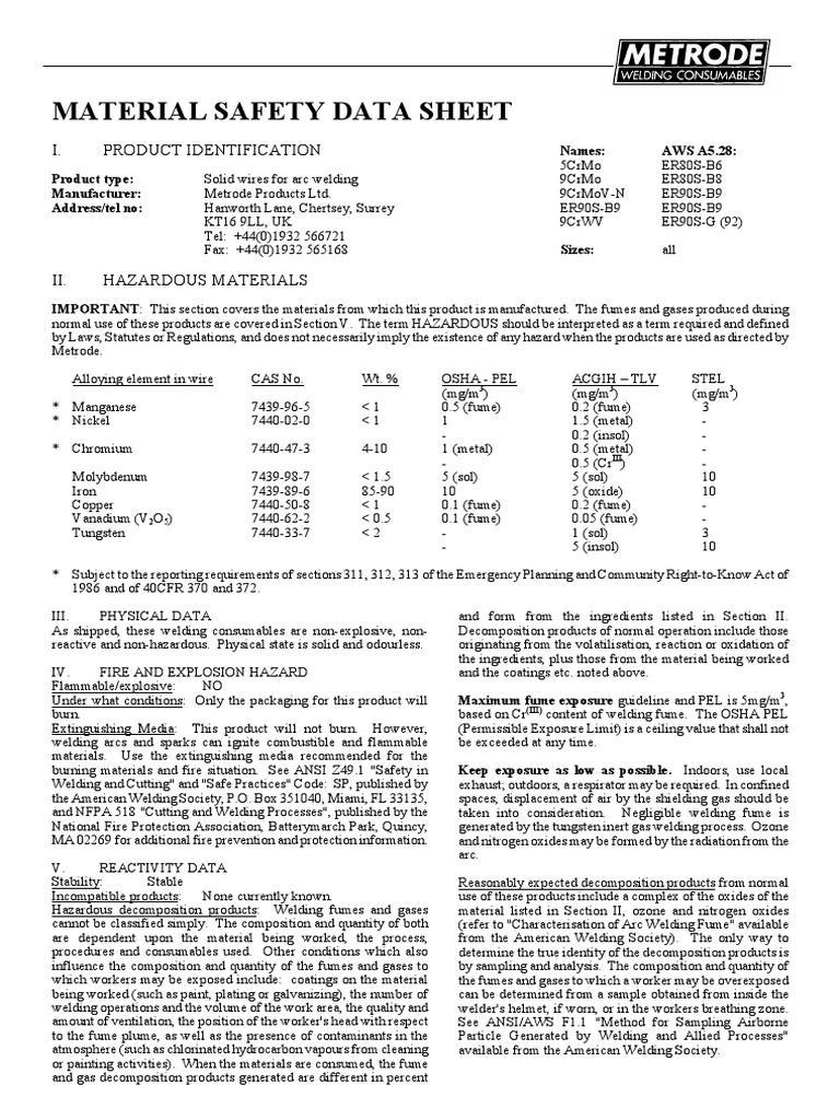 Material Safety Data Sheet: I. Product Identification | PDF | Welding ...