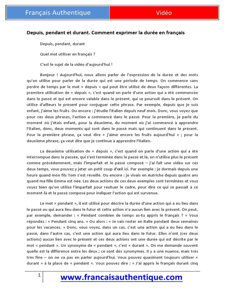 Depuis Pendant Et Durant Comment Exprimer La Duree en Francais PDF ...