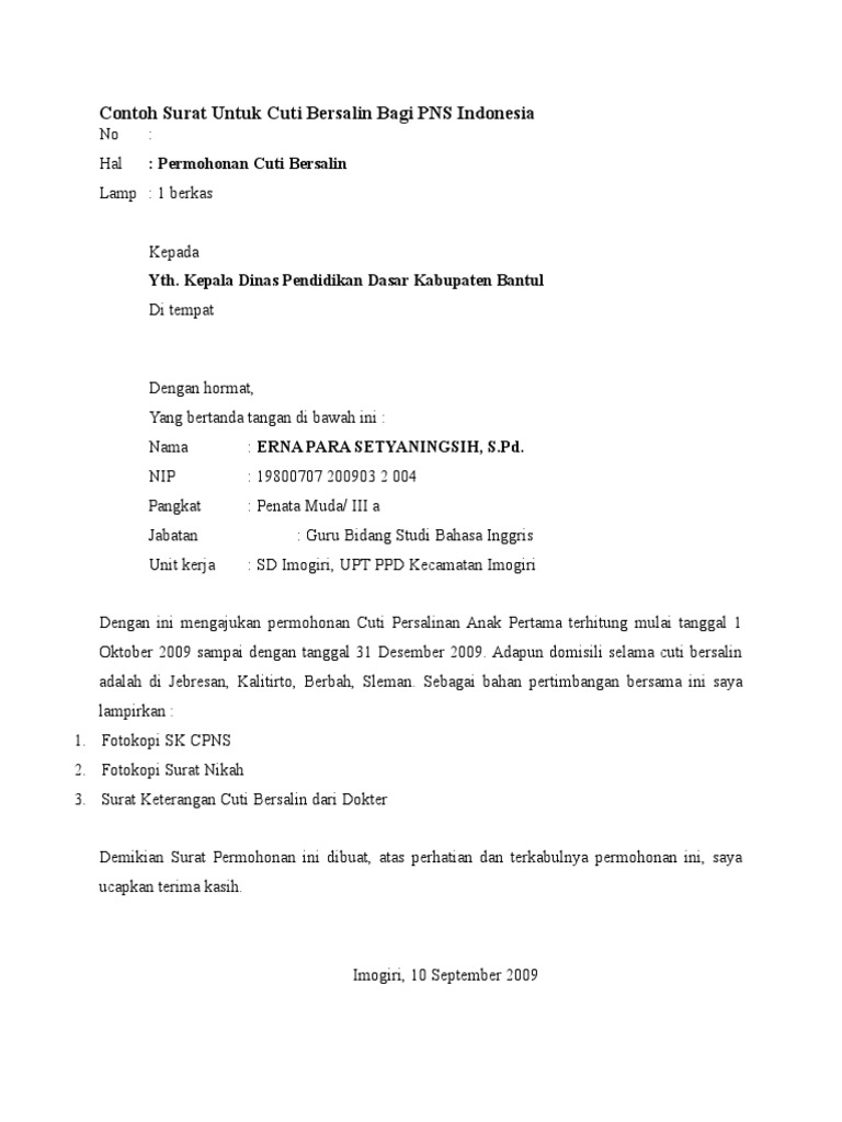 Contoh Surat Untuk Cuti Bersalin Bagi PNS Indonesia | PDF | Hukum ...