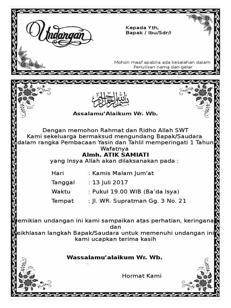 Undangan Pembacaan Yasin dan Tahlil | PDF