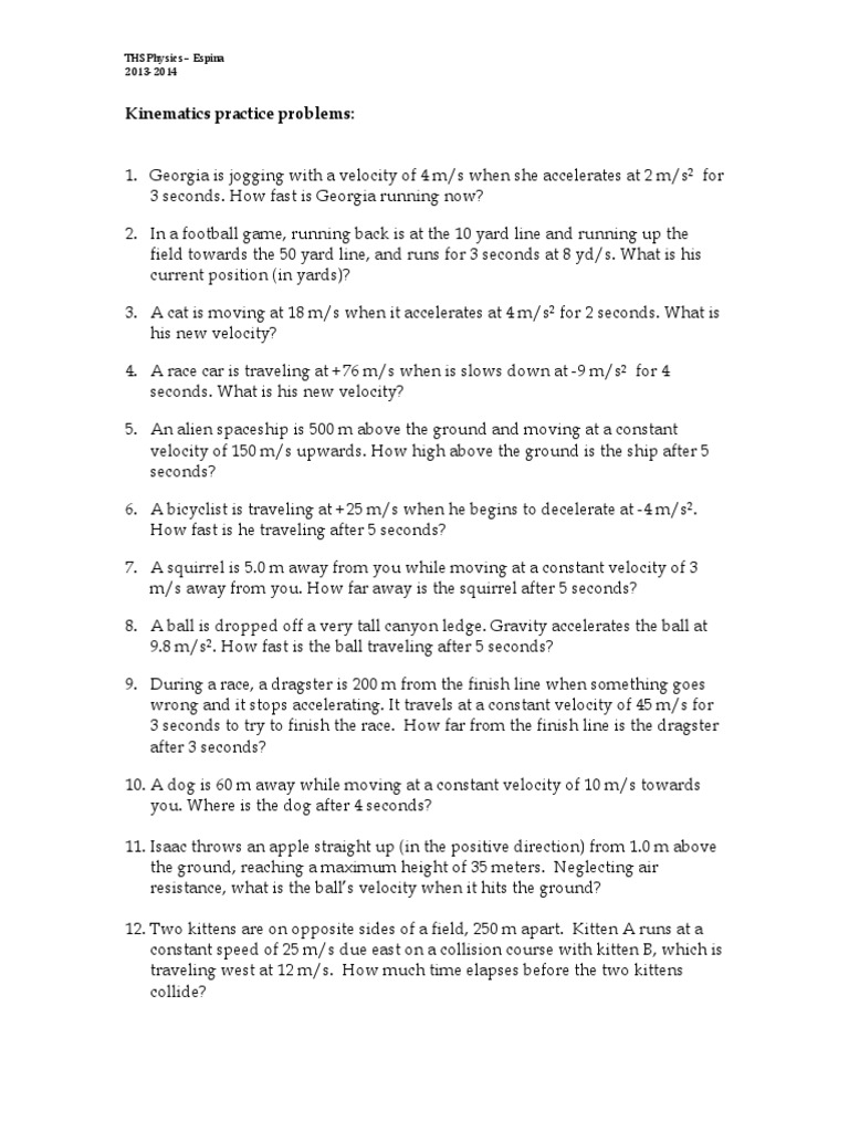 1-D Kinematics Practice Packet | PDF | Acceleration | Speed