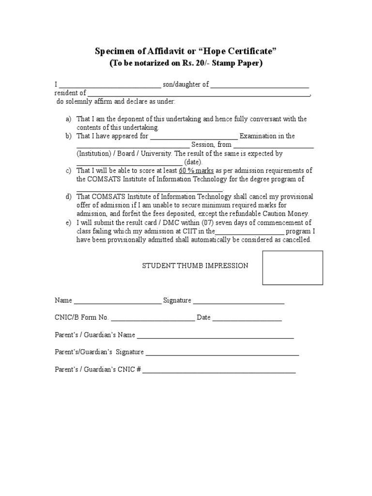 Specimen of Affidavit or "Hope Certificate" : To Be Notarized On Rs. 20/-Stamp Paper | PDF ...