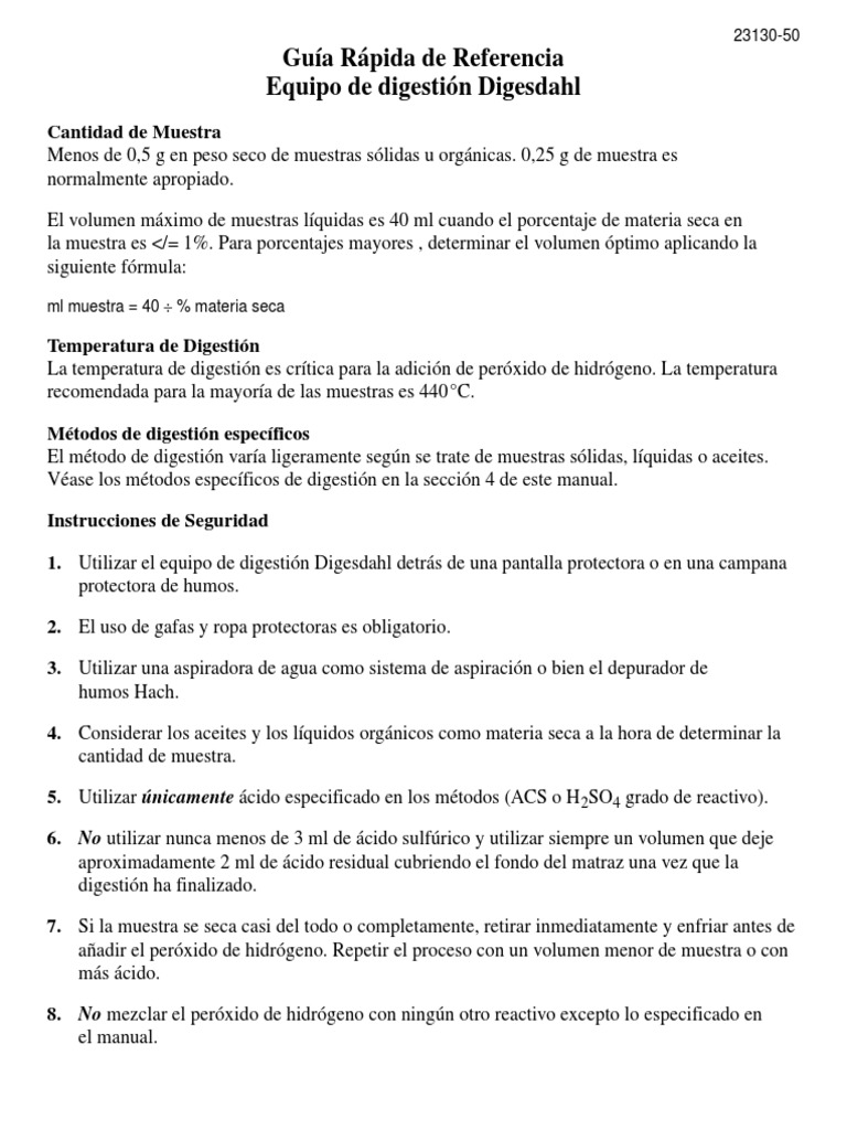 Guía Rápida de Referencia Equipo de Digestión Digesdahl | PDF ...