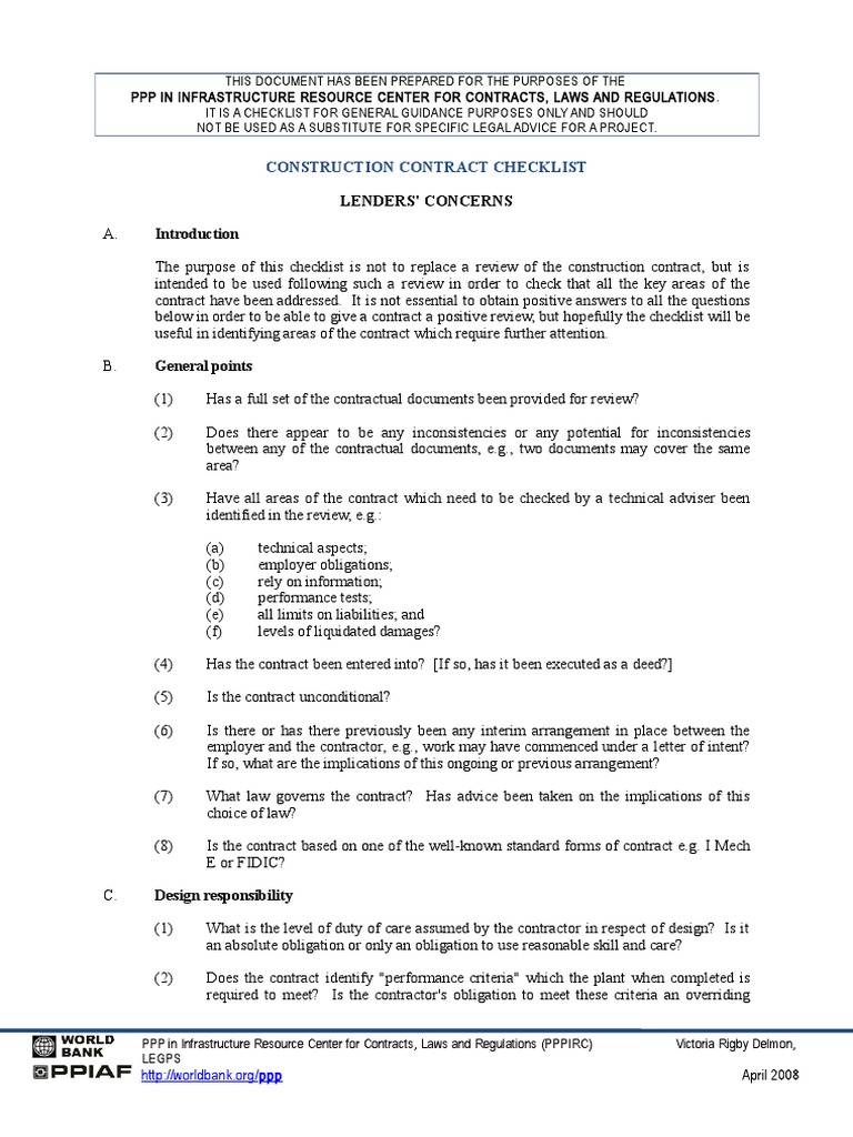 Lenders' Concerns: Construction Contract Checklist | PDF | Arbitration ...