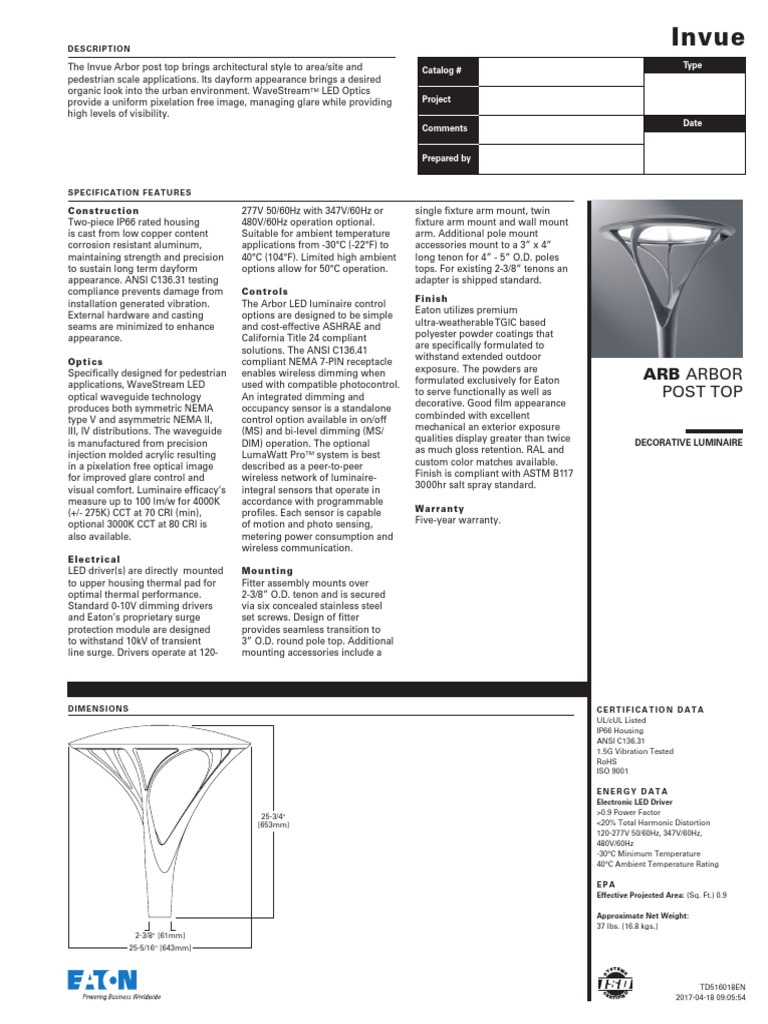 (L01) Invue Arb Arbor Post Top Td516018en Sss | PDF | Lighting | Sensor