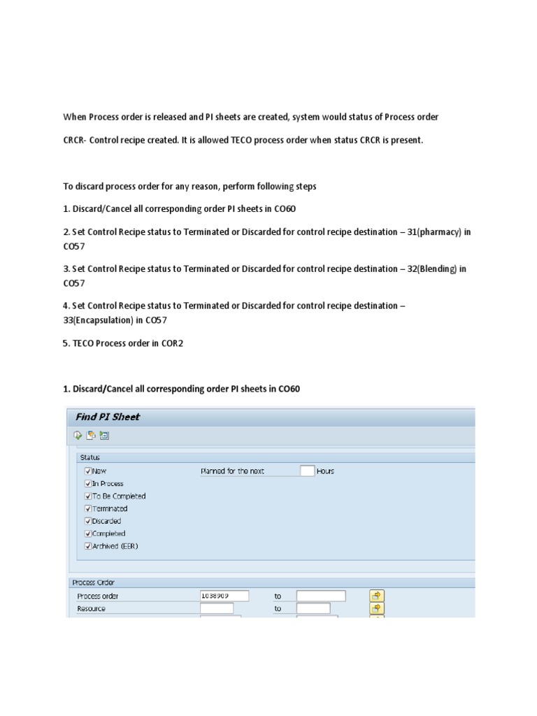 How To TECO Process Order With PI Sheets in SAP | PDF