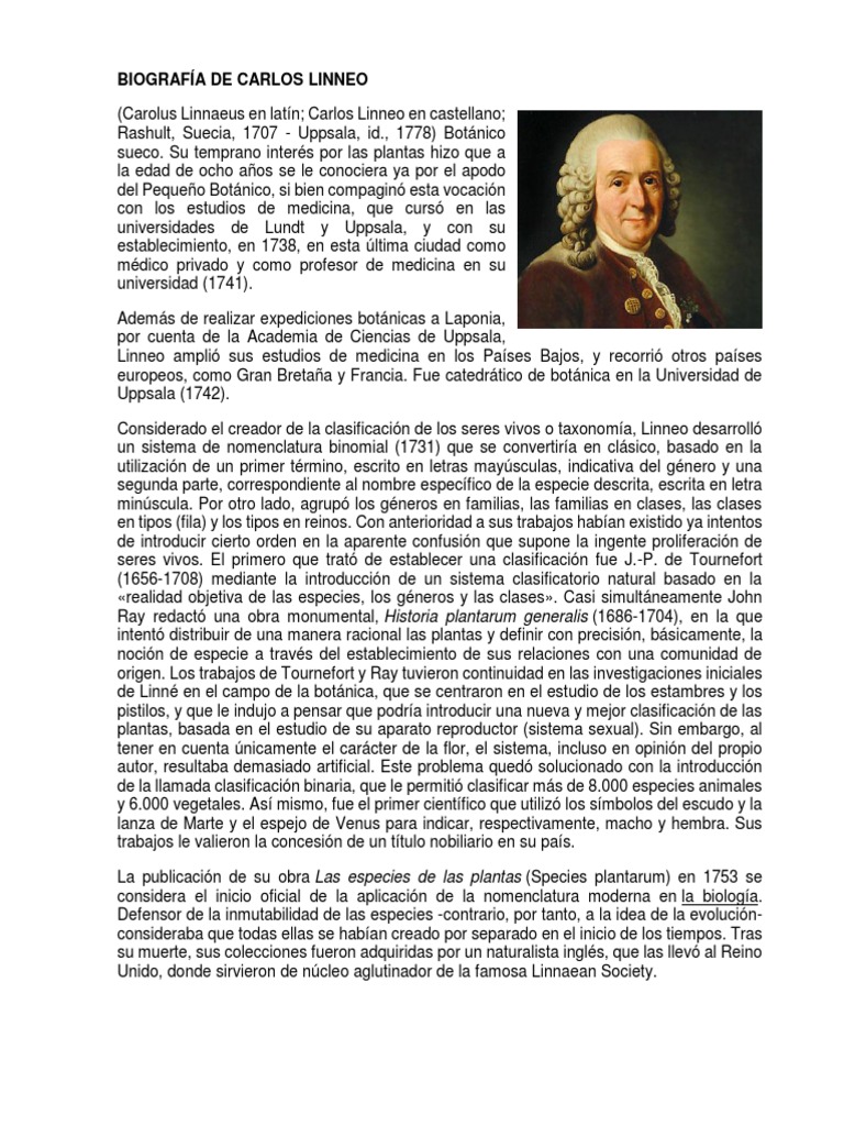 Biografía de Carlos Linneo | Botany | Taxonomy (Biology)