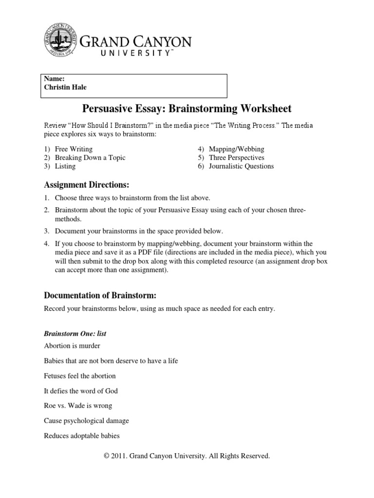 PHI105.T2 PersuasiveEssay BrainstormingWorksheet 1-6-14 | PDF ...