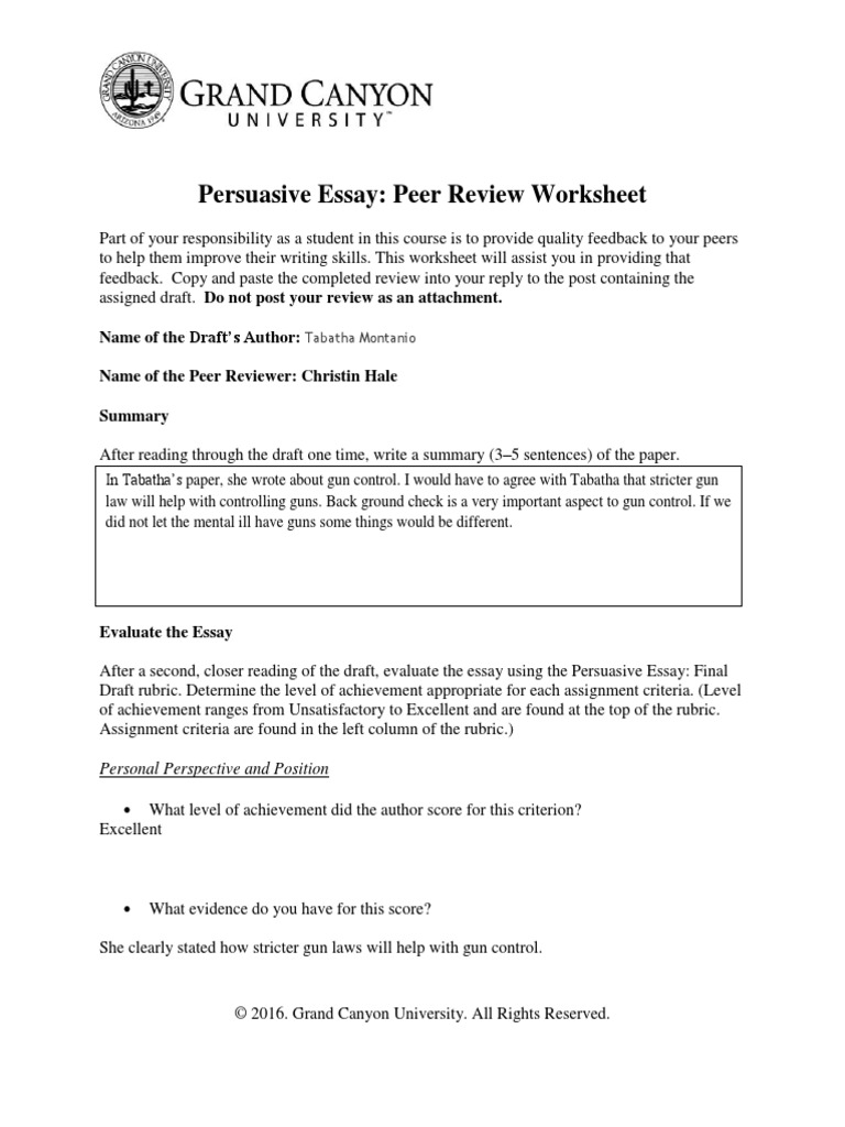 PHI105.T6 - Persuasive Essay Peer Review Worksheet | PDF | Rubric ...