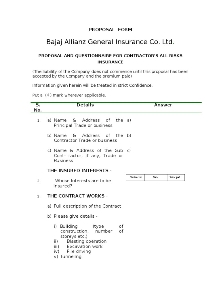 CONTRACTORS ALL RISK INSURANCE Proposal Form | Flood | Insurance