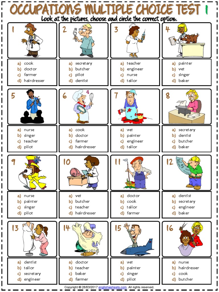 Occupations Vocabulary Esl Multiple Choice Tests For Kids | PDF | Business