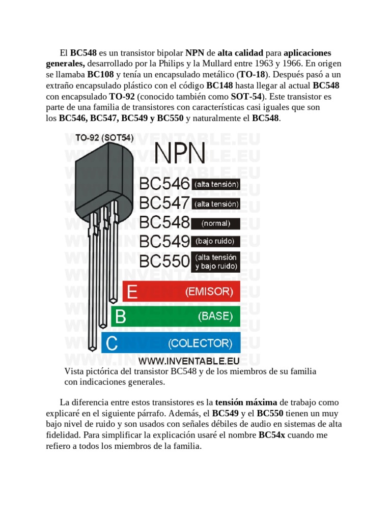 Características y aplicaciones del transistor BC548 y su familia | PDF ...