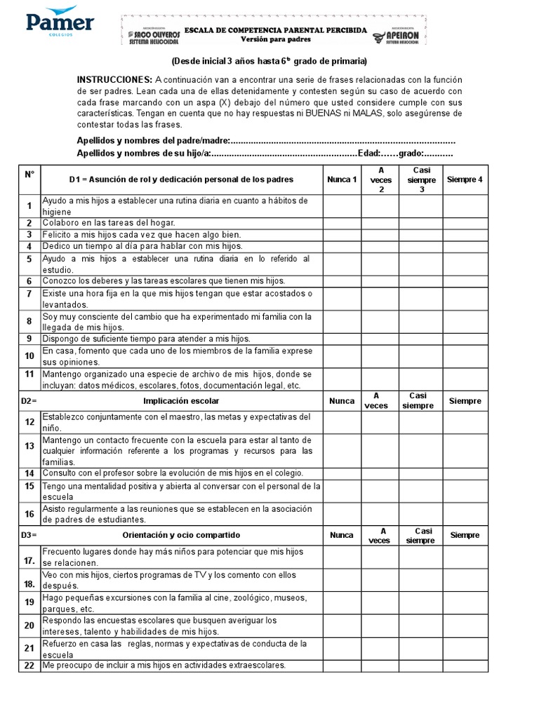 Escala Competencia Parental - Versión Padres (Inicial 3a a 6to Grado ...
