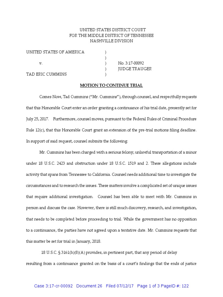 Motion to Continue Trial | Continuance | Separation Of Powers