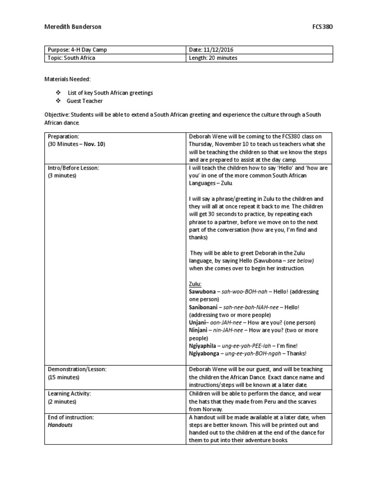 South Africa Lesson Plan | PDF | Lesson Plan | Pedagogy