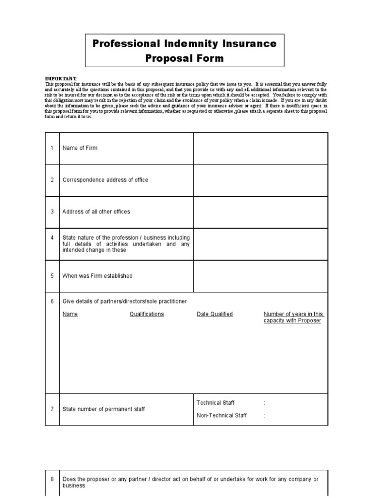 Proposal Form Professoinal Indemnity | PDF | Professional Liability ...
