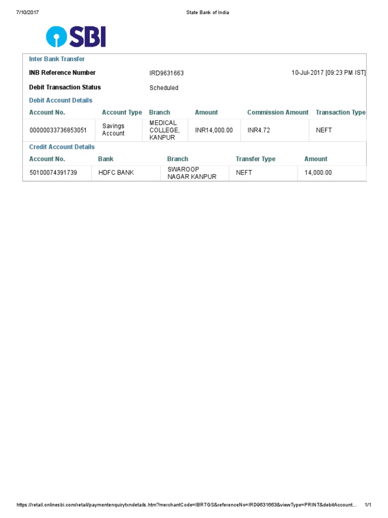 INB Reference Number IRD9631663 10-Jul-2017 (09:23 PM IST) Debit ...
