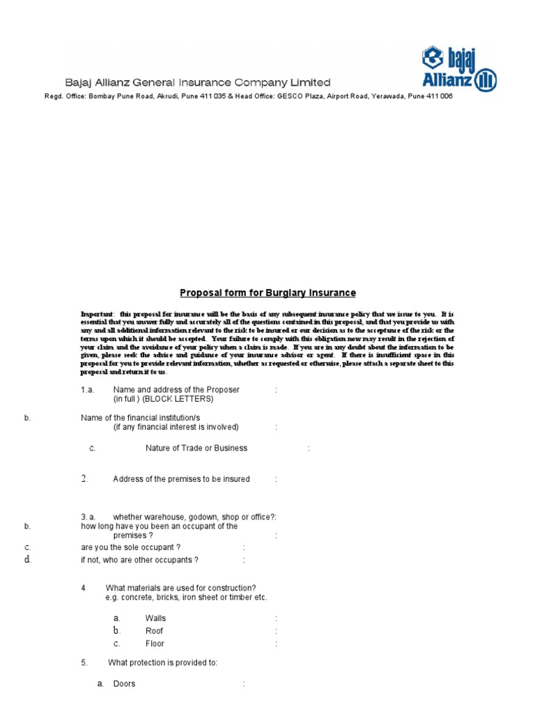 Burglary Proposal Form | PDF | Security Alarm | Insurance