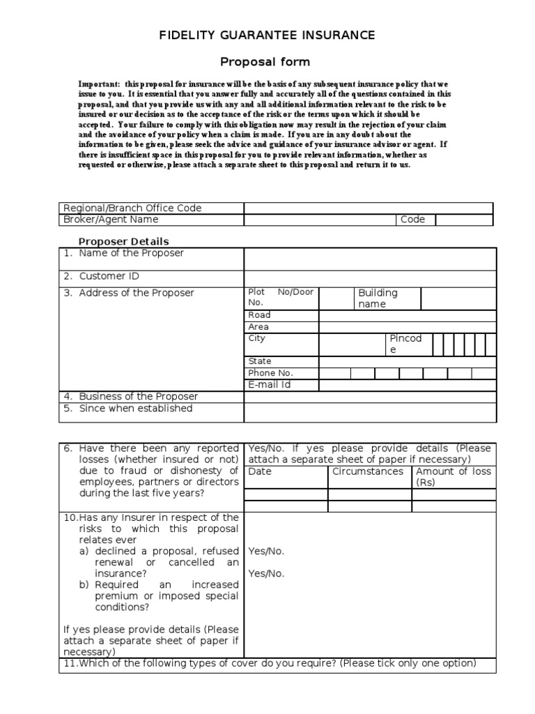 Fidelity Guarantee Insurance Proposal Form: Proposer Details | PDF | Cheque | Insurance