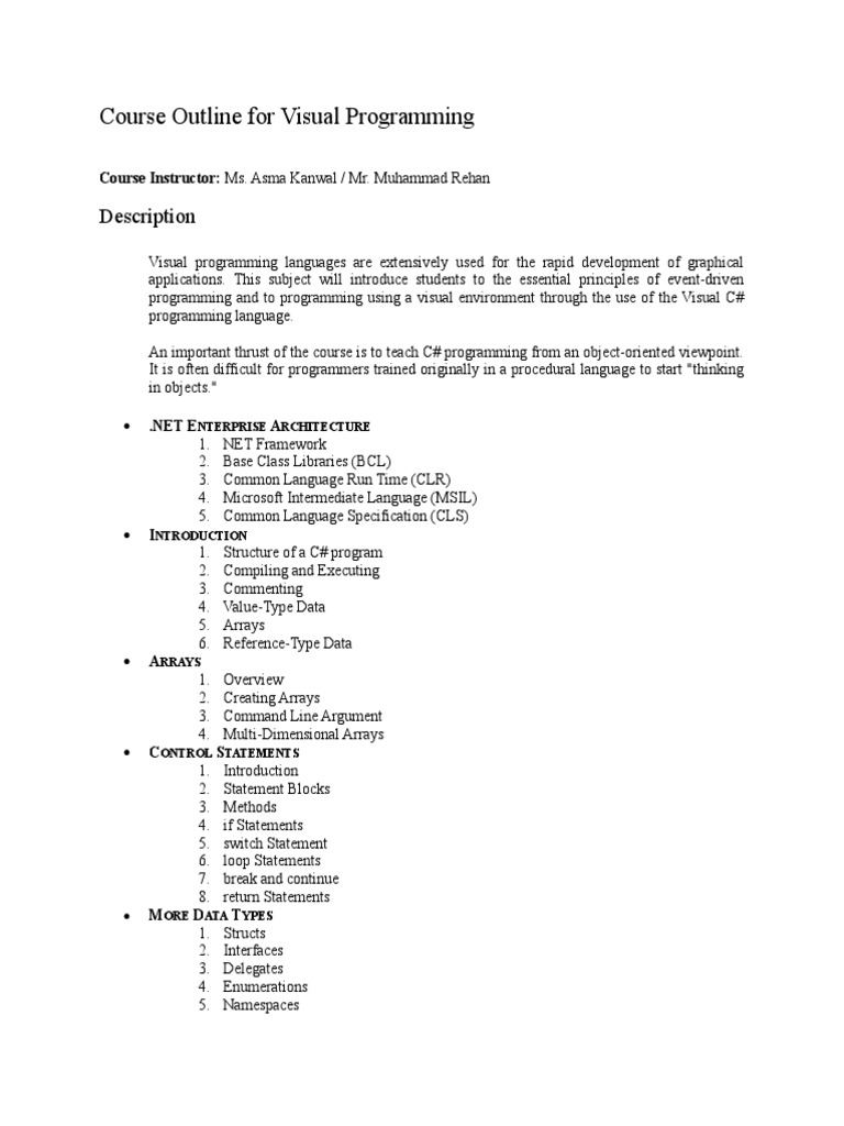 Course Outline For Visual Programming Description Pdf Class Computer Programming C