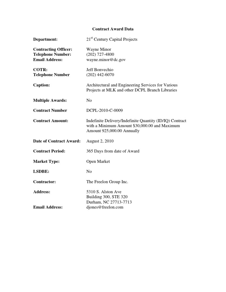 Contract Award Data The Freelon Group Inc | PDF