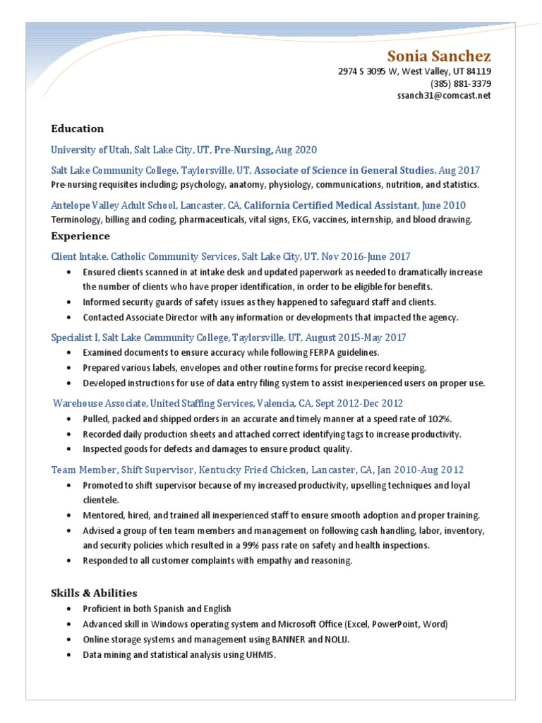 Sonia Sanchez Resume | PDF | Computing | Wellness