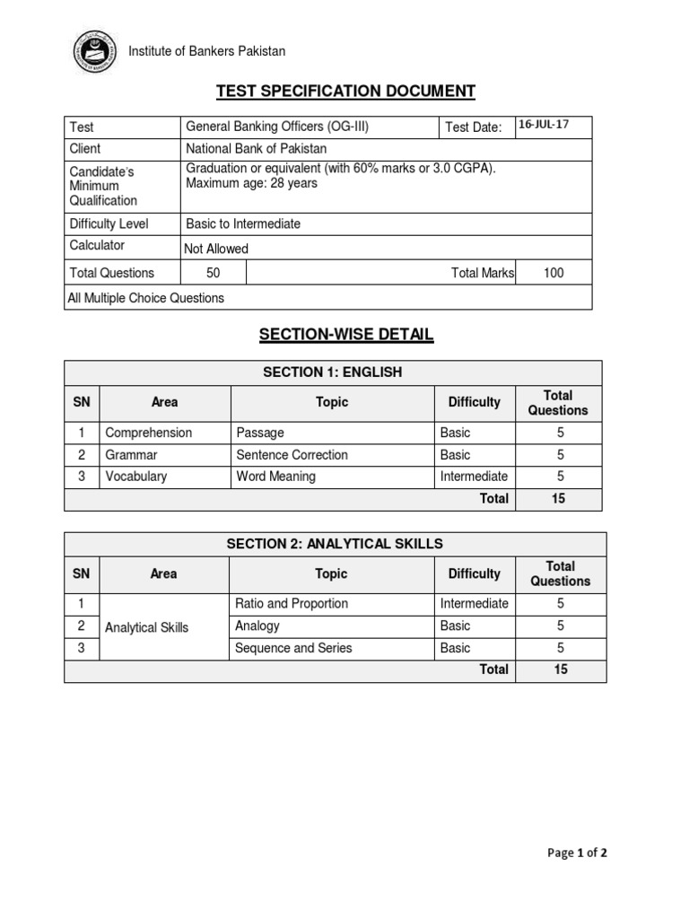 IBP Banking Test Specification | PDF | Linguistics | Cognitive Science