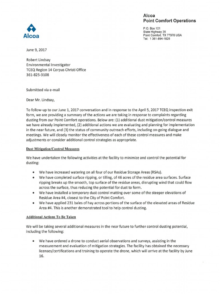 June 9 Letter From Alcoa to TCEQ