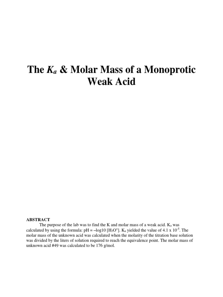 Ka & Molar Mass of a Weak Acid | PDF | Ph | Acid