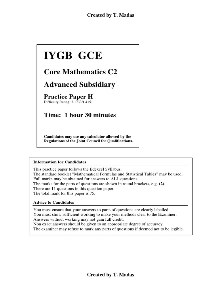 Iygb Gce: Core Mathematics C2 Advanced Subsidiary | PDF | Sine ...