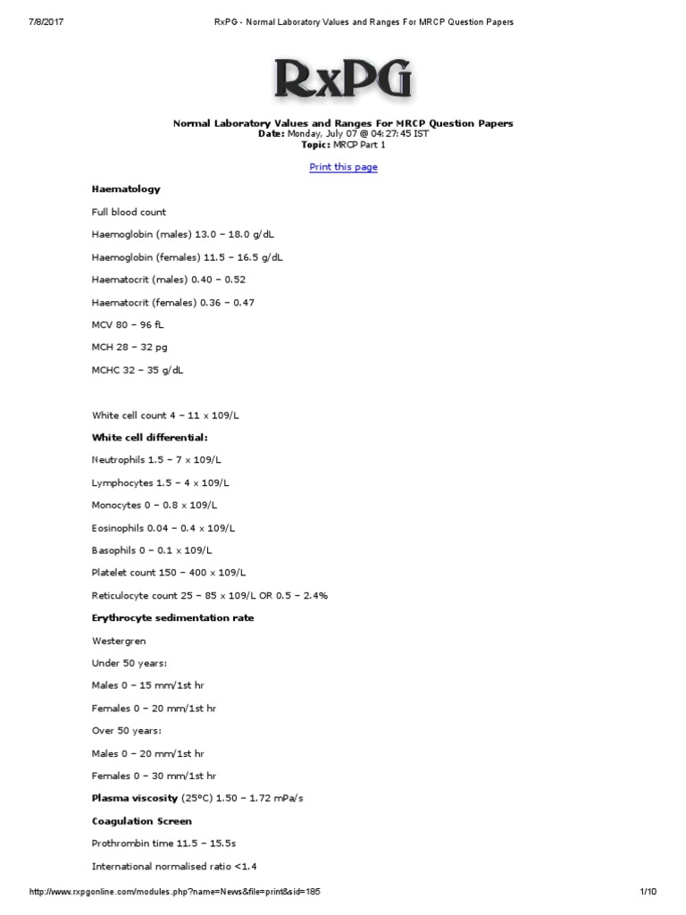 RXPG - Normal Laboratory Values and Ranges For MRCP Question Papers ...