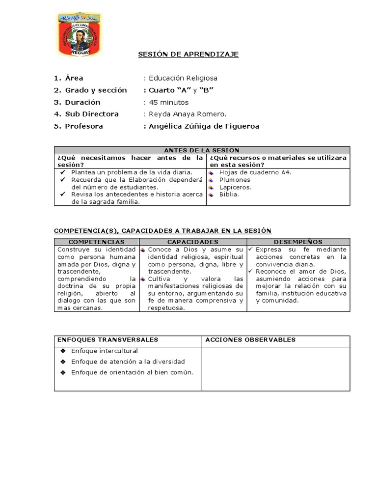Sesion De Aprendizaje Jueves 13 Y Lunes 17 Religion Pdf Maestros