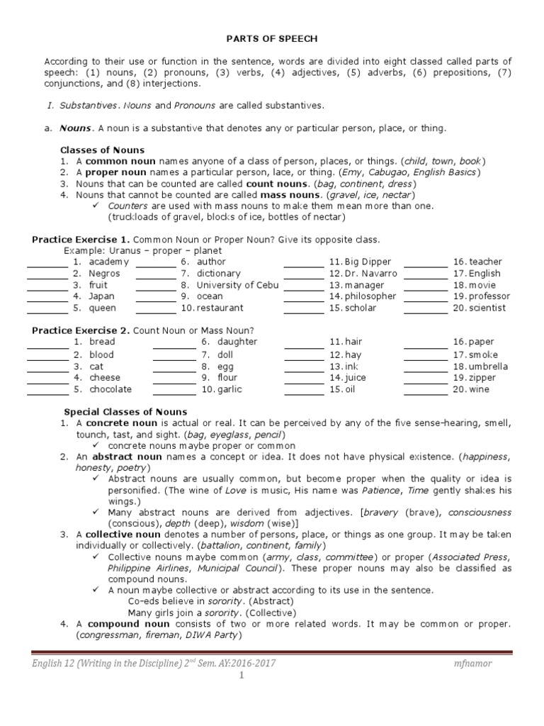 Parts of Speech Activity | PDF | Noun | Grammatical Gender