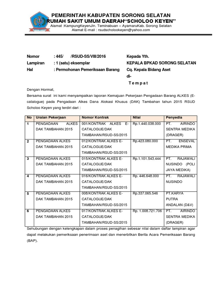 "Permohonan Pemeriksaan Barang Pengadaan ALKES Dana Alokasi Khusus (DAK ...