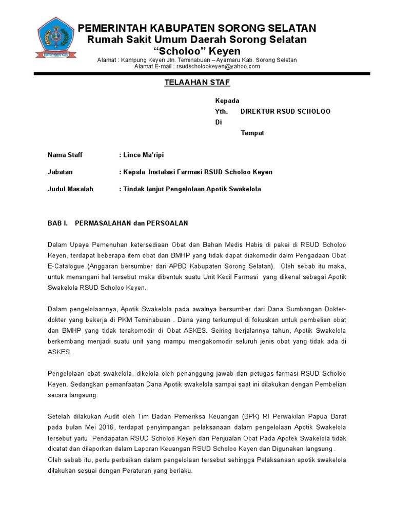 TINDAK LANJUT PENGELOLAAN APOTIK SWAKELOLA DI RSUD SCHOLOO KEYEN | PDF