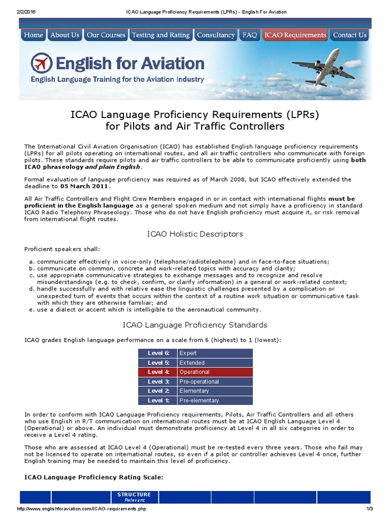 Icao Language Proficiency Requirements (Lprs) For Pilots And Air ...