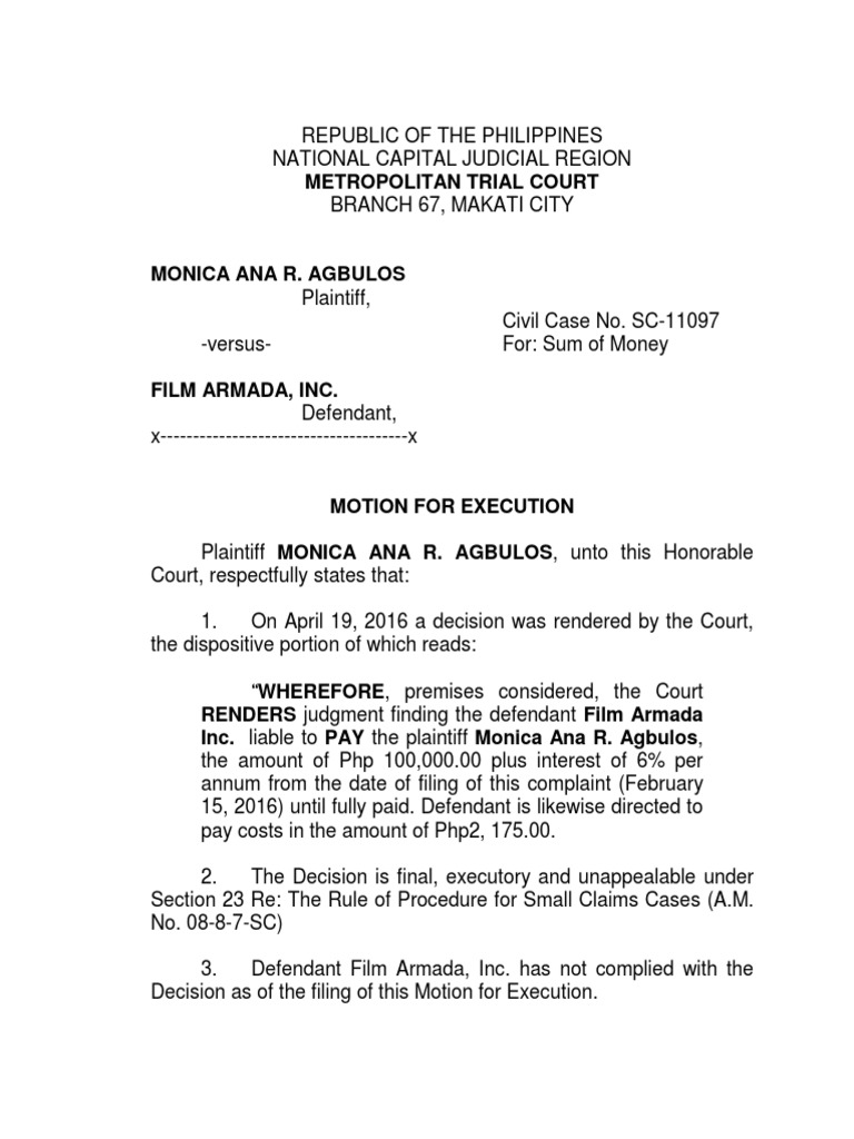 Agbulos - Motion For Execution - Small Claims.18may2016 | PDF