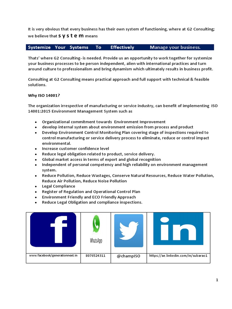 ISO 14001:2015 Consulting Services | PDF | Environmental Resource ...