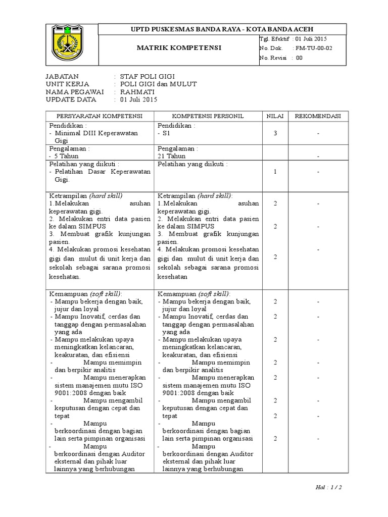 FM-TU-00-02. Matrik Kompetensi Staf Poli Gigi | PDF