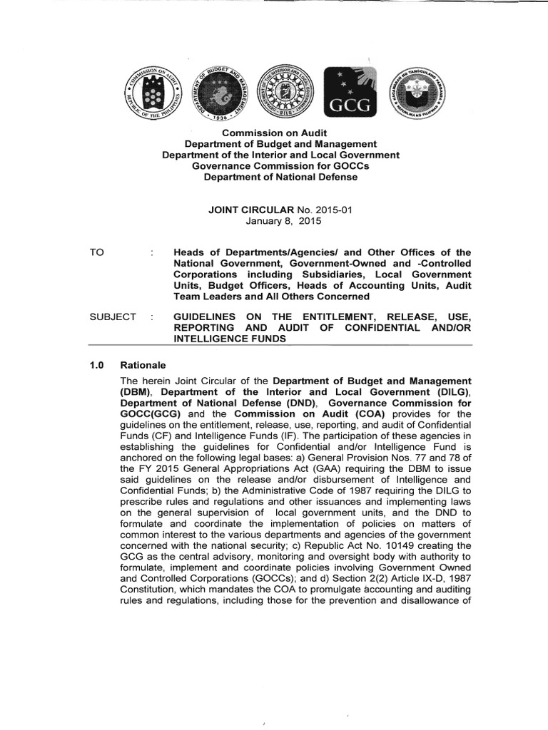 COA-DND-DBM-GCG-DILG Joint Circular 2015-01, Use of Confidential Funds | PDF | Classified ...