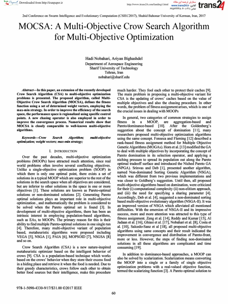 Mocsa A Multi Objective Crow Search Algorithm For Multi Objective Optimization Pdf