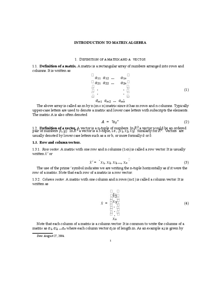 Introduction To Matrix Algebra: A A ... A A ... A - . - . - . A A ... A ...