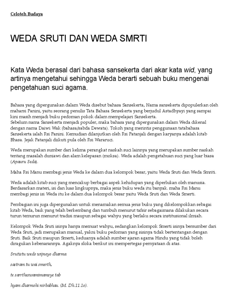 Weda Sruti Dan Weda Smrti - Celoteh Budaya | PDF