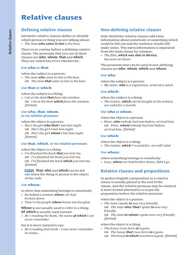 Defining Relative Clauses Non-Defining Relative Clauses | PDF | Linguistic Typology | Style ...