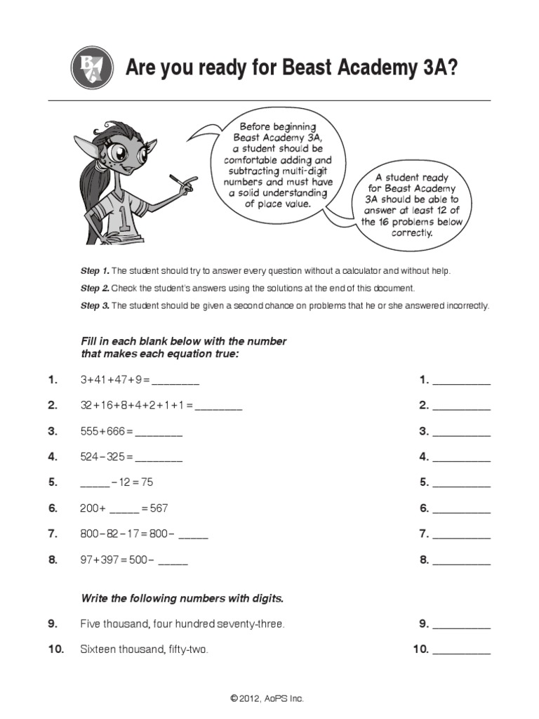 Are You Ready For Beast Academy 3A?: Fill in Each Blank Below With The ...