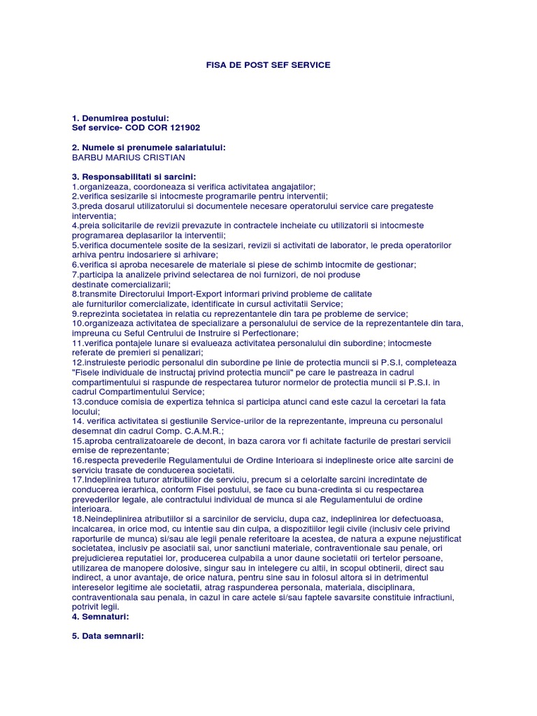 Fisa Post Sef Service | PDF