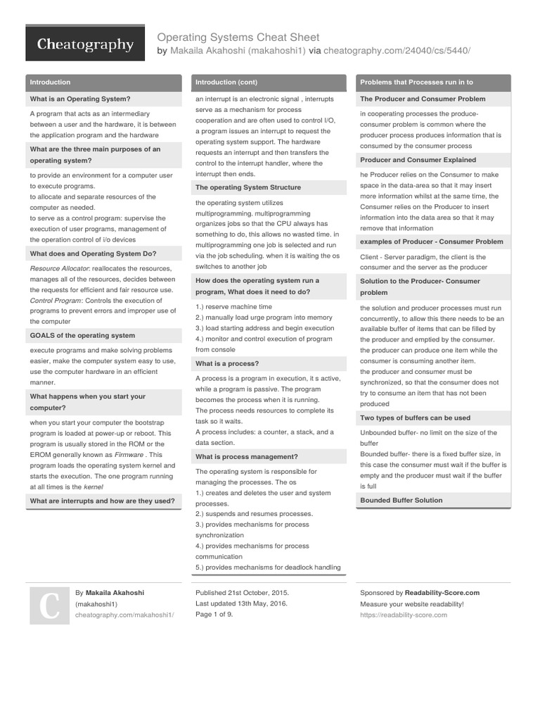 Operating Systems Cheat Sheet: by Via | PDF | Scheduling (Computing ...