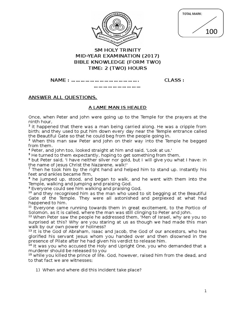 SM Holy Trinity Mid-Year Examination (2017) Bible Knowledge (Form Two ...