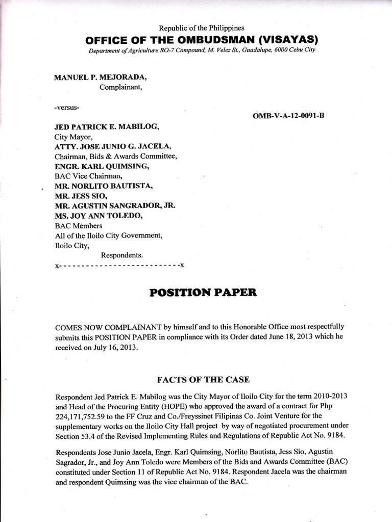 Position Paper On Administrative Case Involving The Iloilo City ...